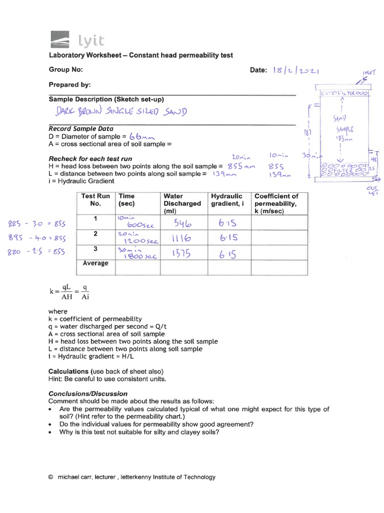 Constant Head Permeability Test - Results Sample S-304 | PDF