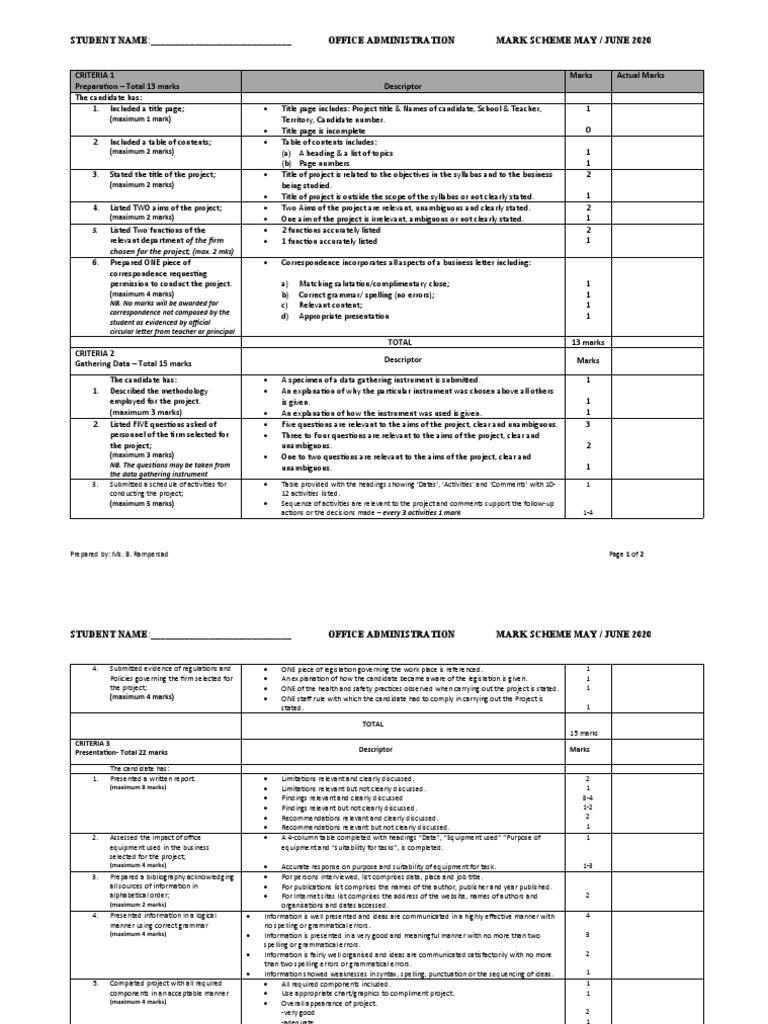 OA Mark Scheme For CXC Submission Revised 2020 | PDF | Information ...