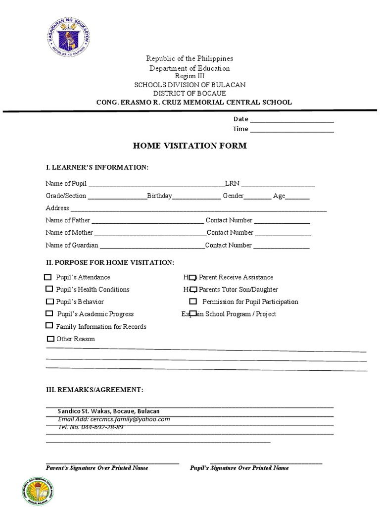 Home Visitation Form: Republic of The Philippines Department of ...