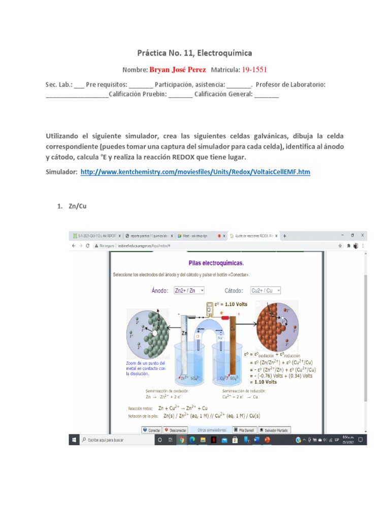 REPORTE Práctica No 11 Electroquimica (Bryan Perez) | PDF | Redox | Electrodo