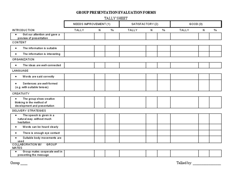 GROUP PRESENTATION EVALUATION FORMS Tally Sheet | PDF