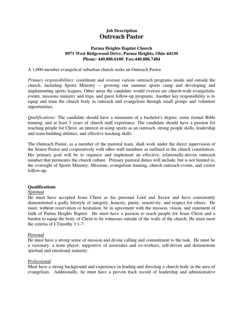 JID44 - Parma Hts OH Outreach Pastor Job Description | PDF | Missionary ...