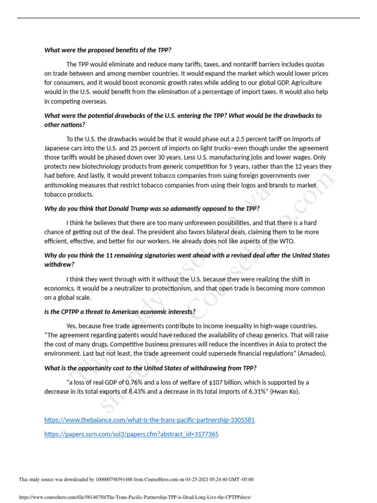 TPP: Benefits, Drawbacks, and Impact | PDF | Trans Pacific Partnership ...