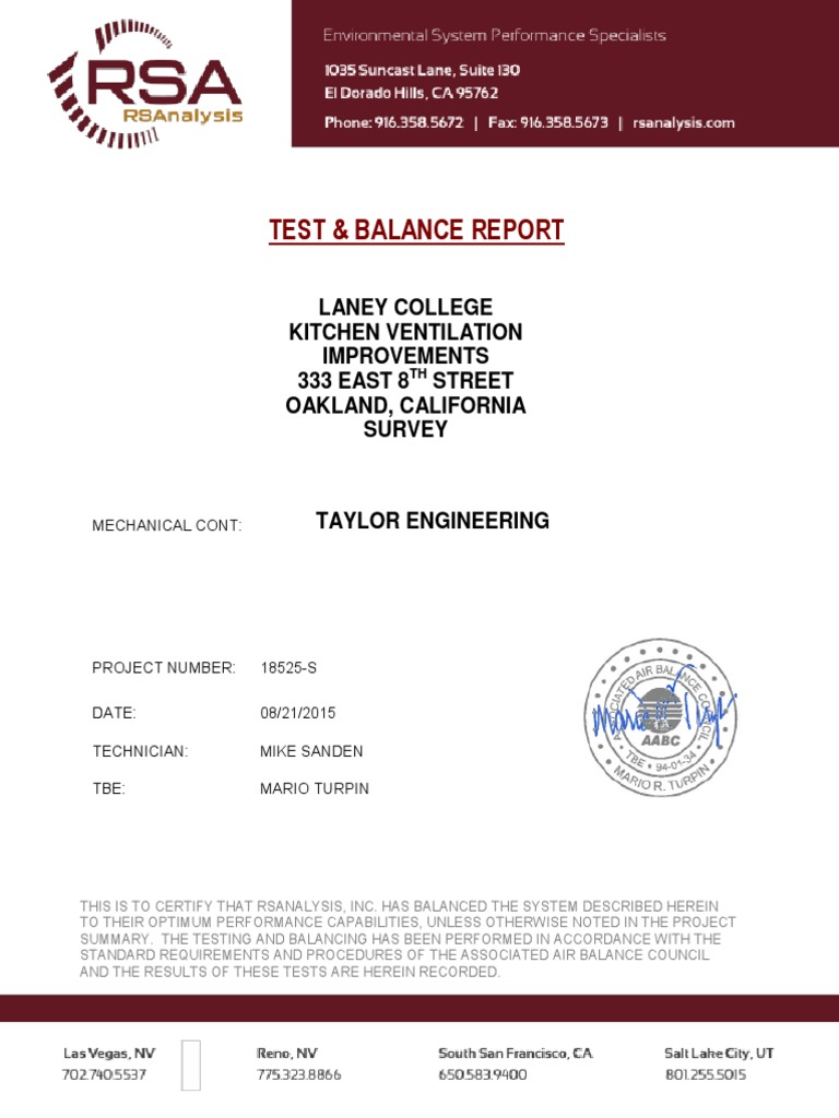 Test & Balance Report: Laney College Kitchen Ventilation Improvements ...