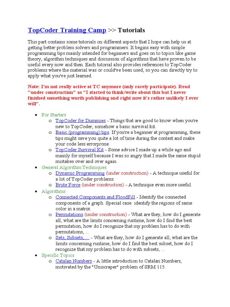 Topcoder Training Camp: Tutorials | PDF | C++ | Integer (Computer Science)