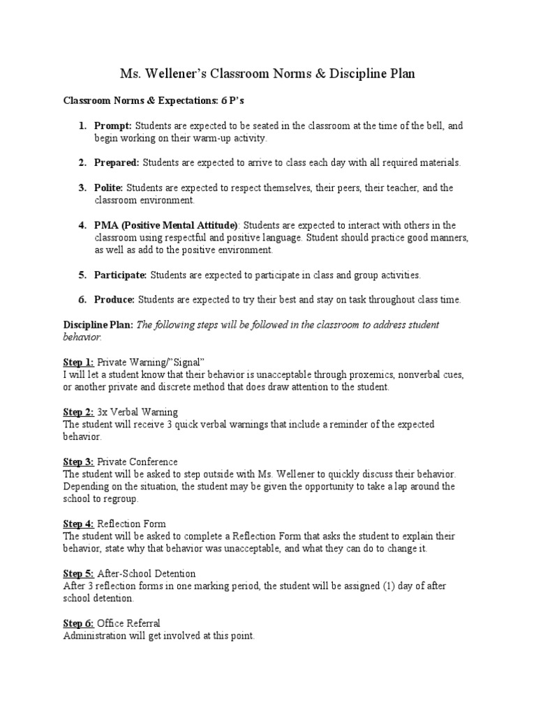 Ms. Wellener's Classroom Norms & Discipline Plan: Behavior | PDF ...