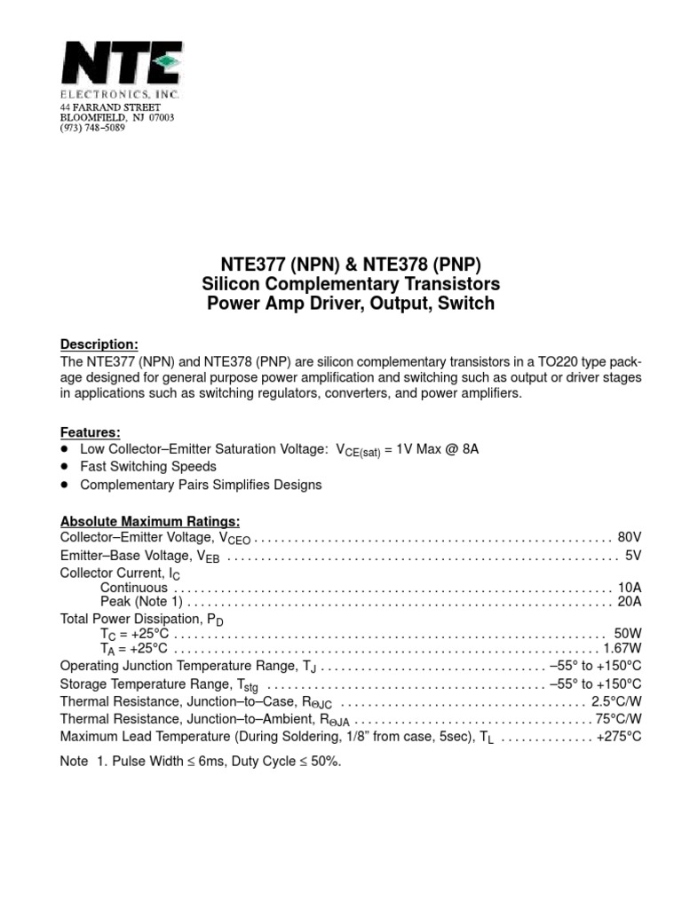 NTE377 (NPN) & NTE378 (PNP) Silicon Complementary Transistors Power Amp Driver, Output, Switch ...