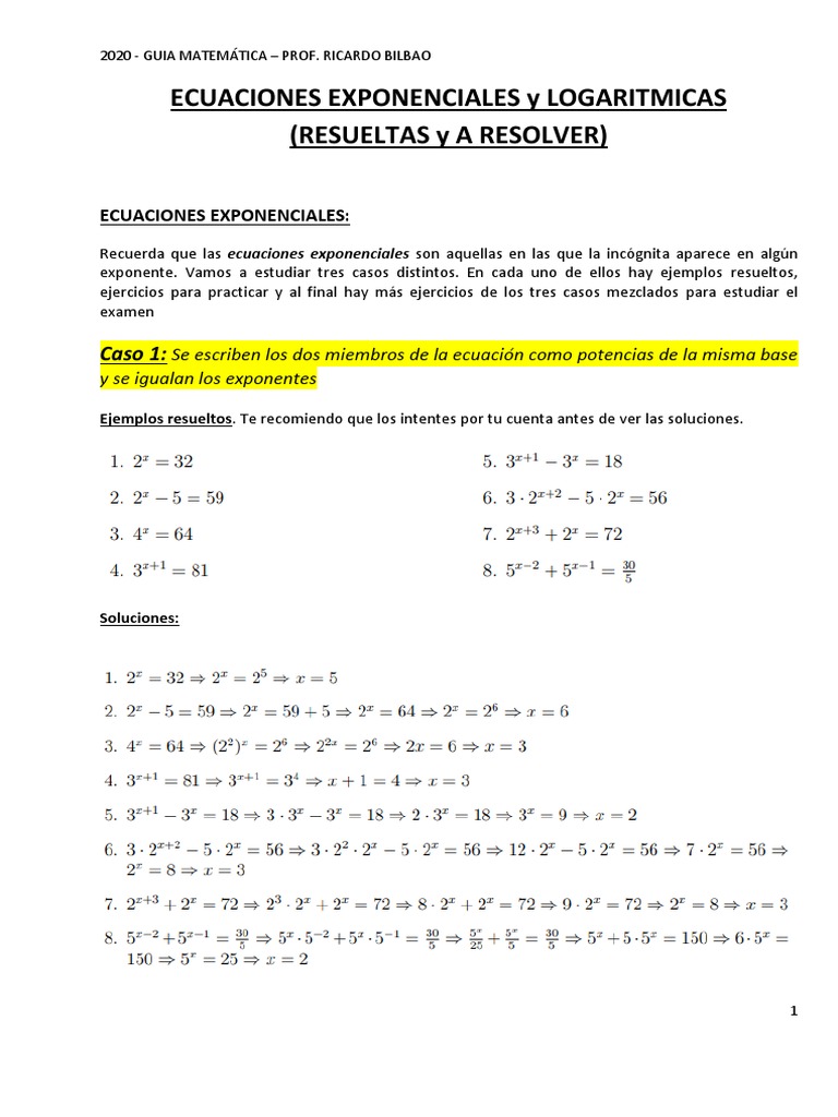 ECUACIONES EXPONENCIALES y LOGARITMICAS (RESUELTAS y A RESOLVER) | PDF | Logaritmo | Ecuaciones