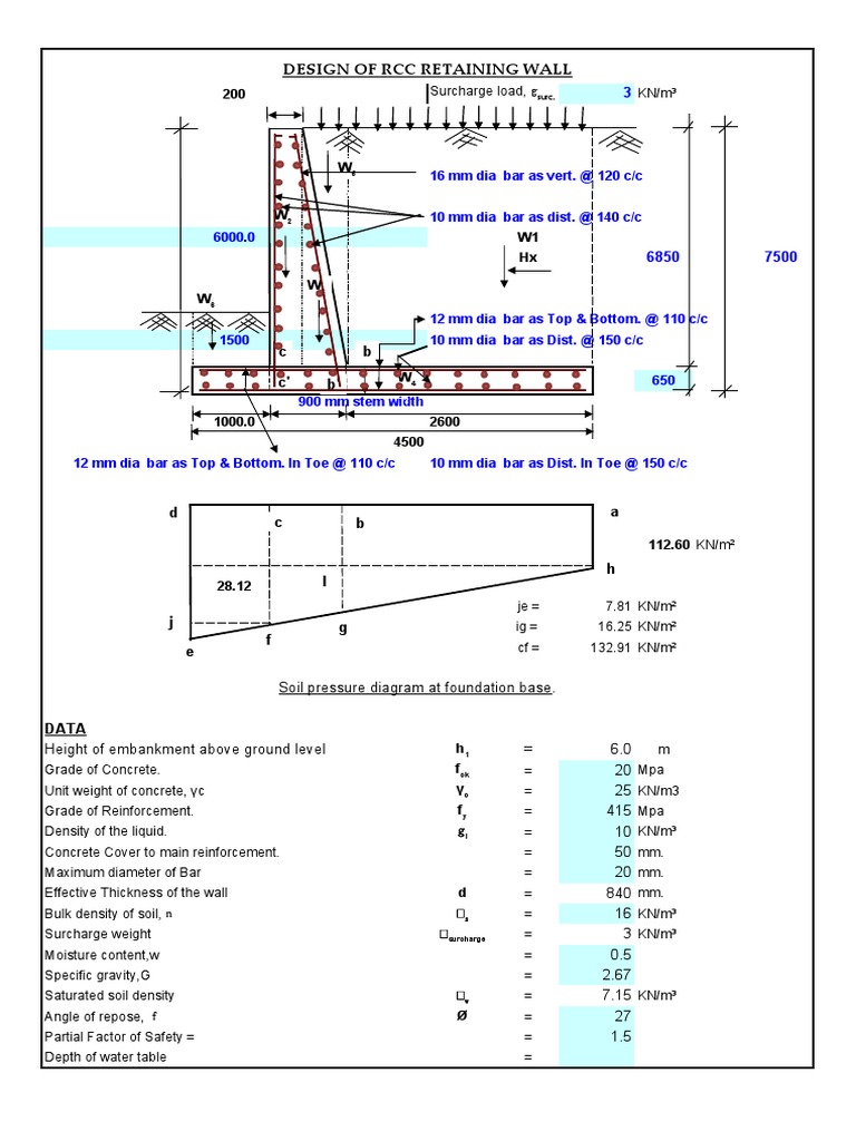 RCC Retaining Wall Design Calculations | PDF | Metrology | Civil ...