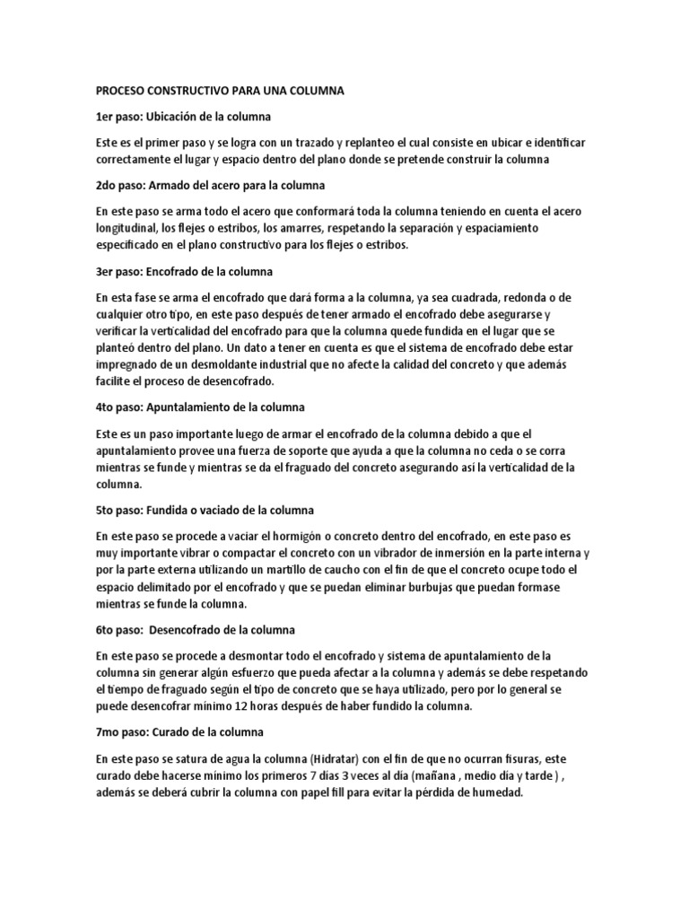 Proceso Constructivo para Una Columna | PDF | Hormigón | Material compuesto