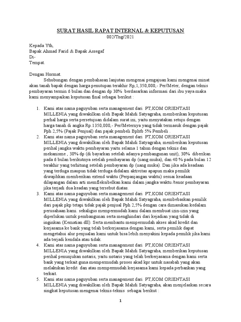 Surat Hasil Rapat Internal | PDF