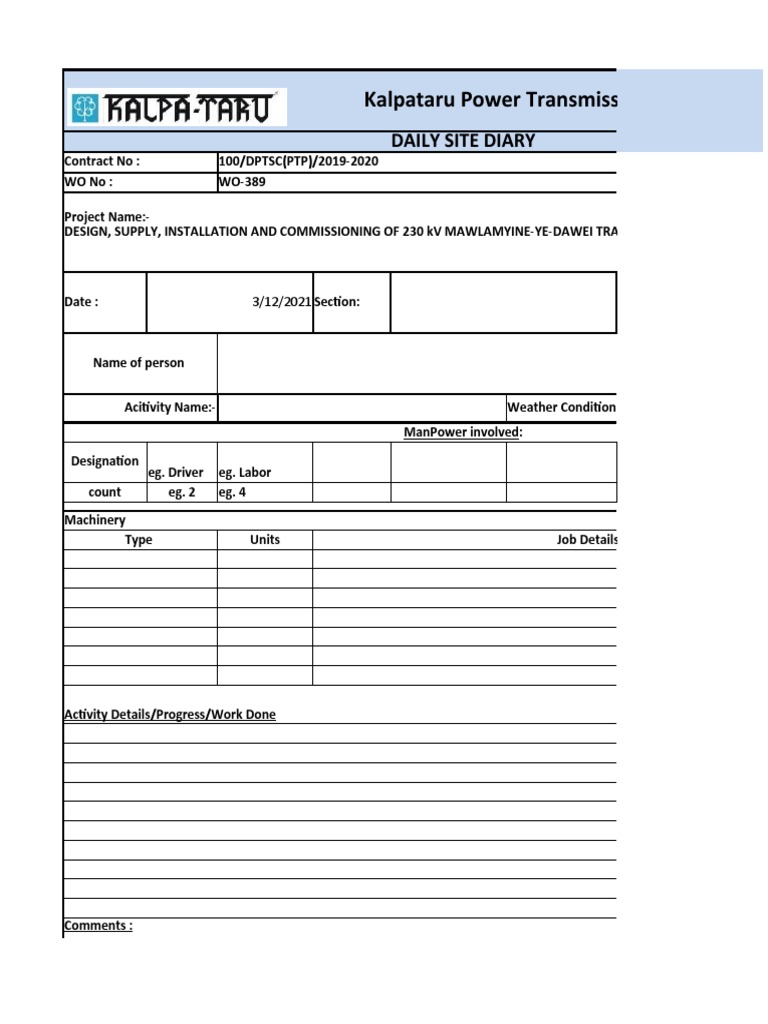 Daily Site Diary-Format | PDF | Electrical Engineering | Nature