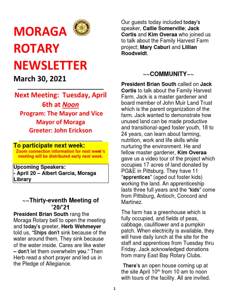 Moraga Rotary Newsletter March 30 2021 | PDF