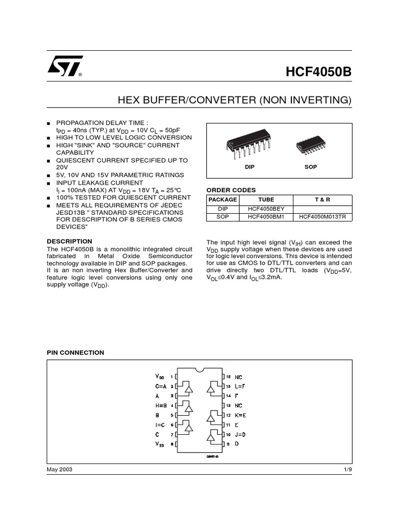 HCF4050B: Hex Buffer/Converter (Non Inverting) | PDF | Logic Gate | Cmos