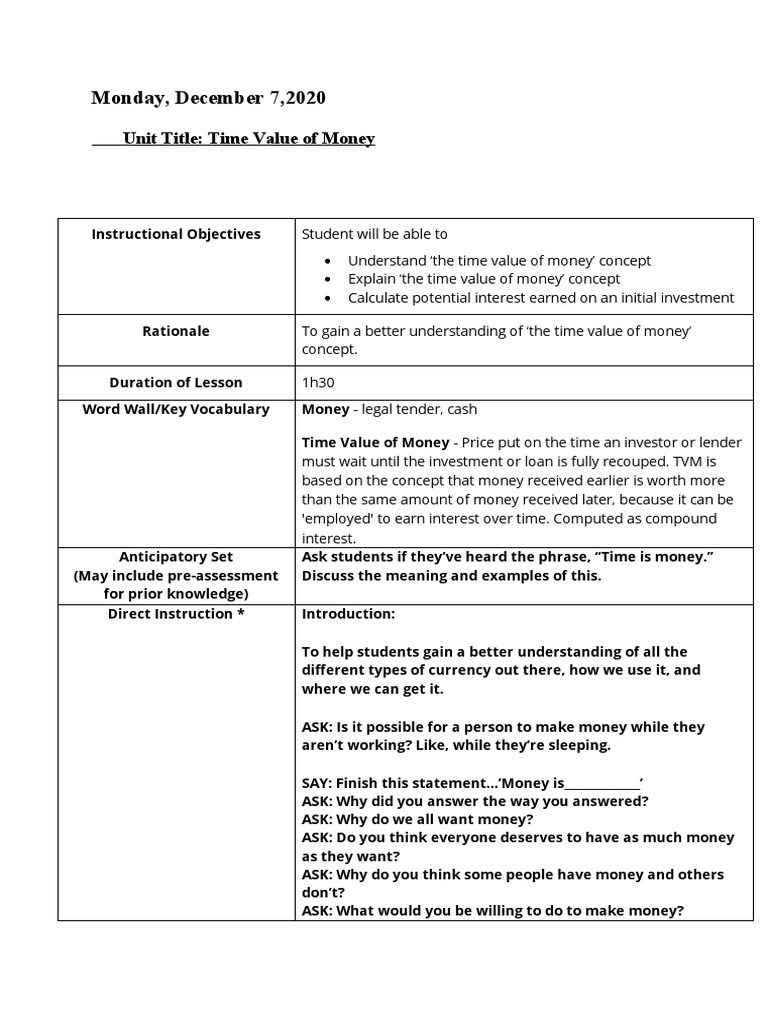Time Value of Money Lesson Plan | Download Free PDF | Time Value Of ...