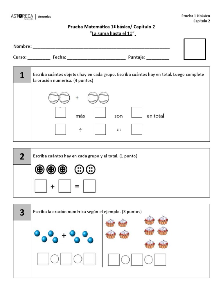 Prueba 1º Básico CAP 2 Suma Hasta El 10 | PDF | Enseñanza de matemática ...