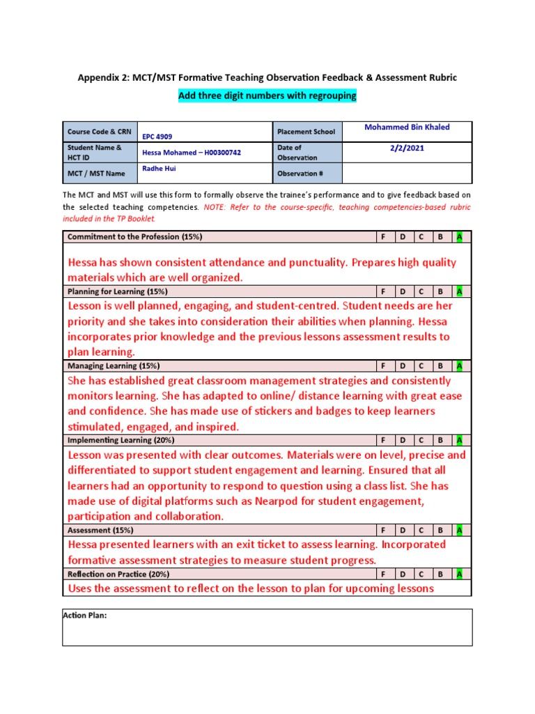 MST Observation Sheet 1 - Hessa | PDF | Educational Psychology | Learning