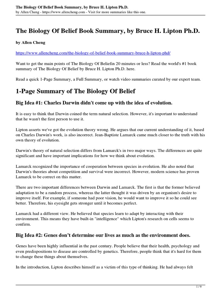 The Biology of Belief Book Summary Bruce H Lipton PHD | PDF | Evolution ...