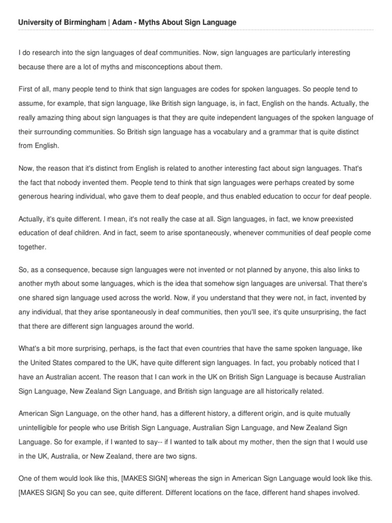 Adam - Myths About Sign Language | PDF | Sign Language | Hearing Loss