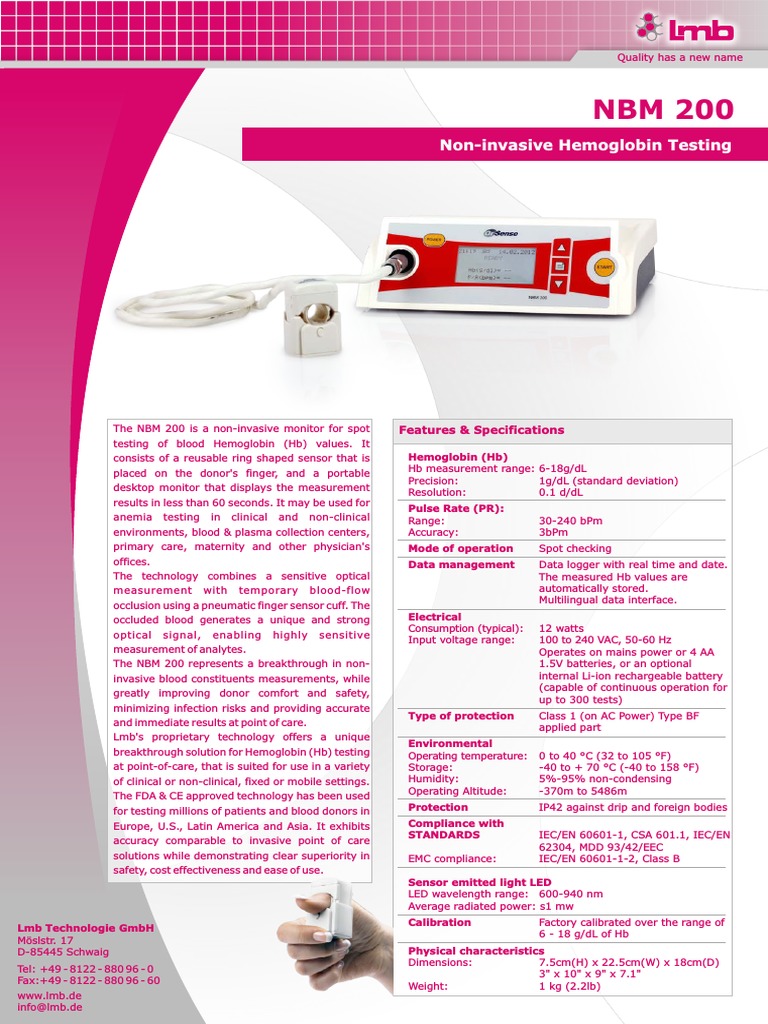 Non-Invasive Hemoglobin Testing: Features & Specifications | PDF ...