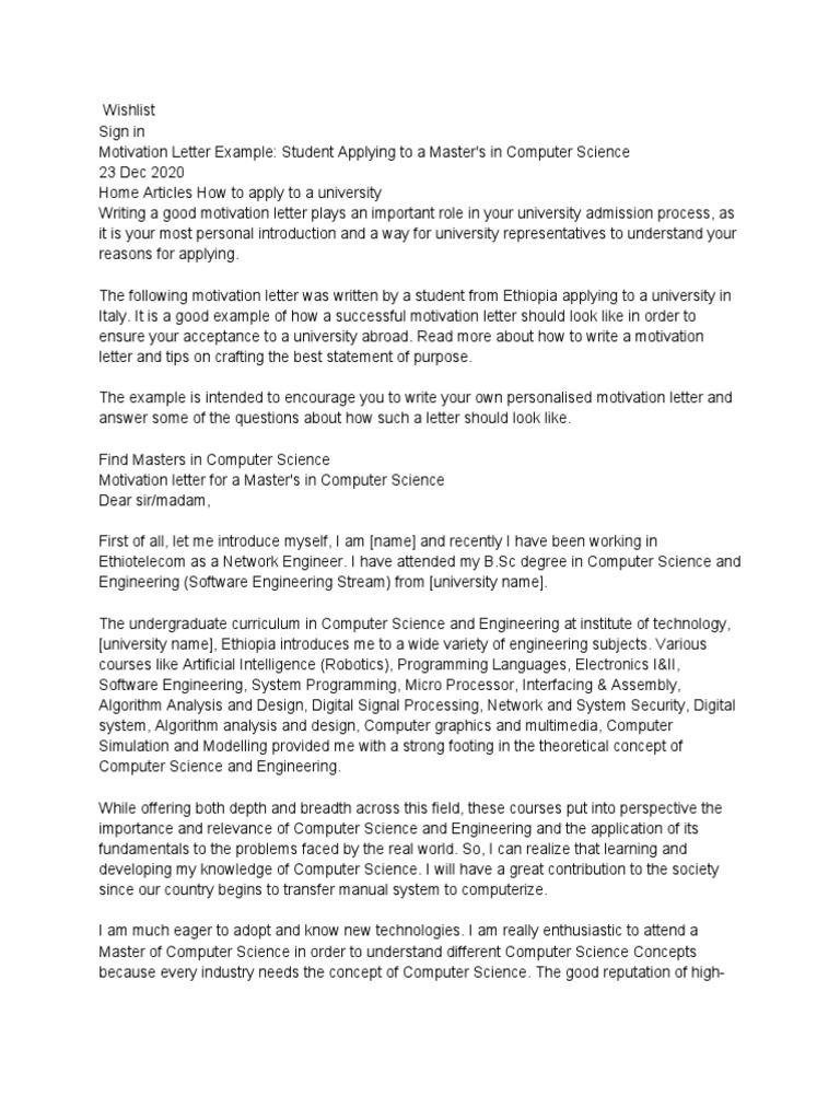 Motivation Letter Example: Student Applying to a Master's in Computer ...