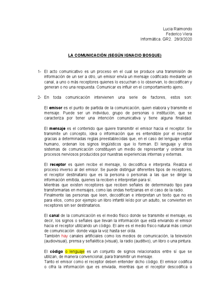 TAREA 2 - La Comunicación - Ignacio Bosque - Corregido | PDF ...