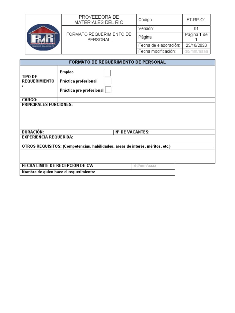 Formato Requerimiento de Personal | PDF