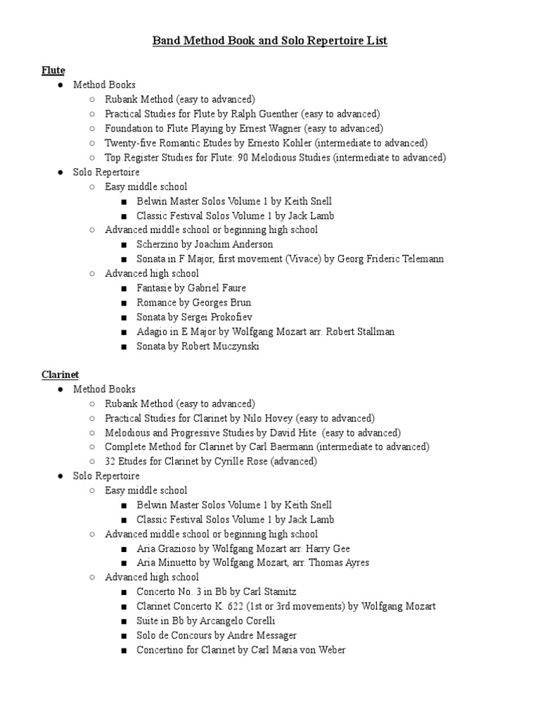 Band Method Book and Solo Repertoire List | PDF | Concerto | Saxophone