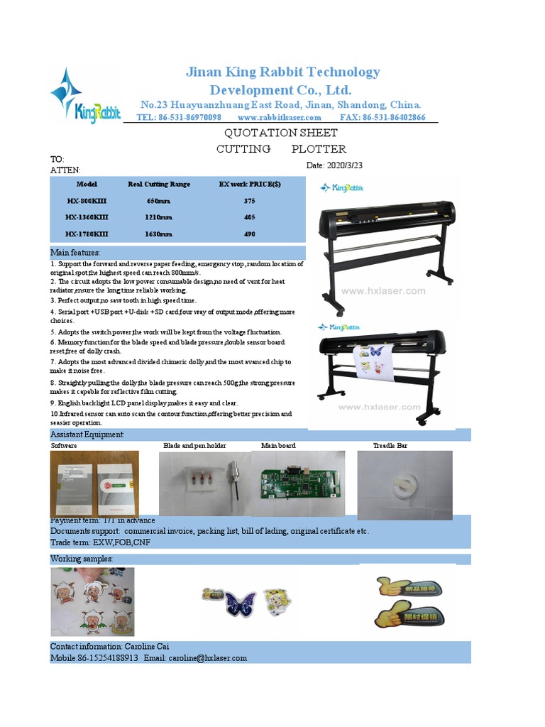 King Rabbit KIII Cutting Plotter Quotation | PDF
