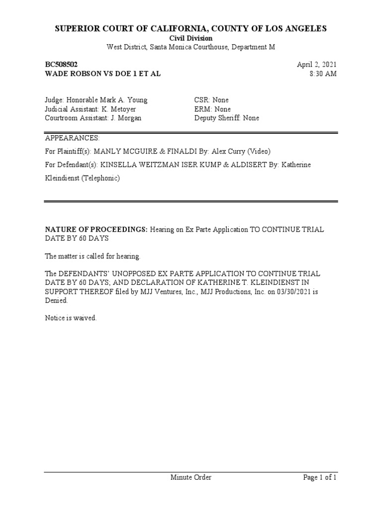 Hearing On Ex Parte Application TO CONTINUE TRIAL DATE BY 60 DAYS | PDF