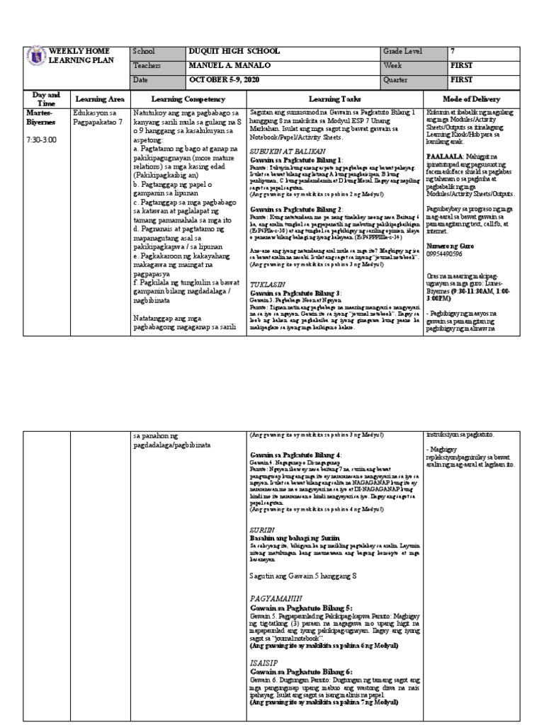 Weekly Home Learning Plan 2020-2021 | PDF