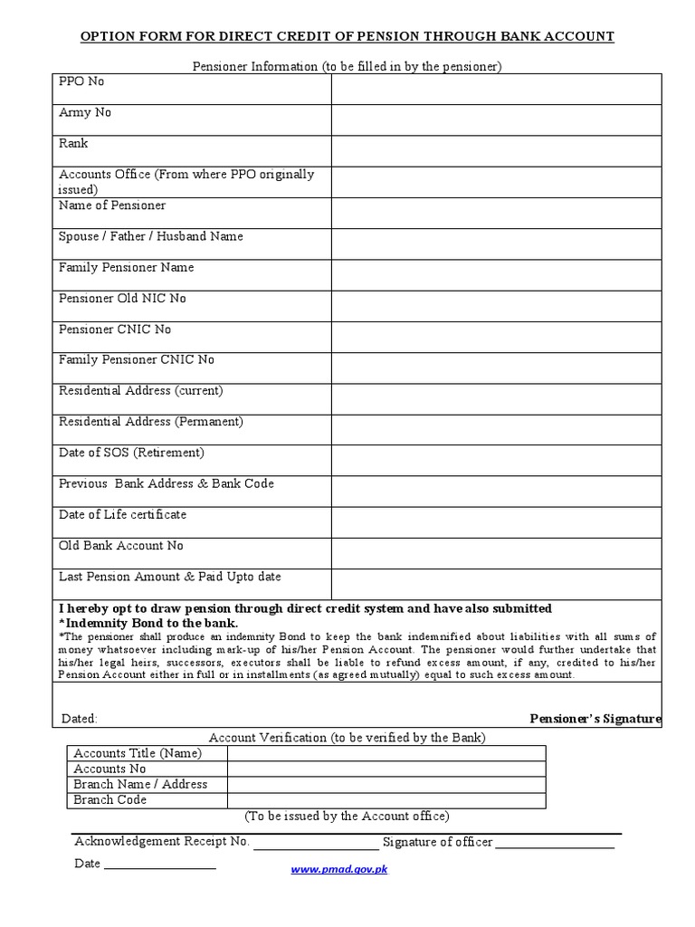 Option Form - Pension Credit To Bank Account | PDF