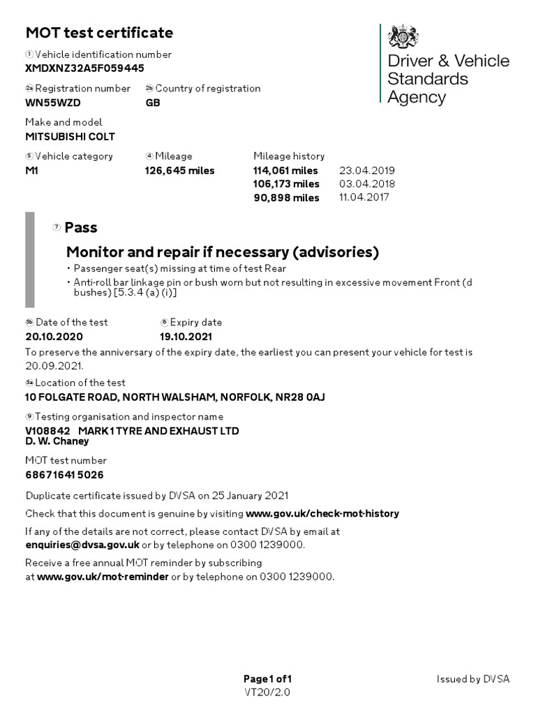MOT Test Certificate | PDF