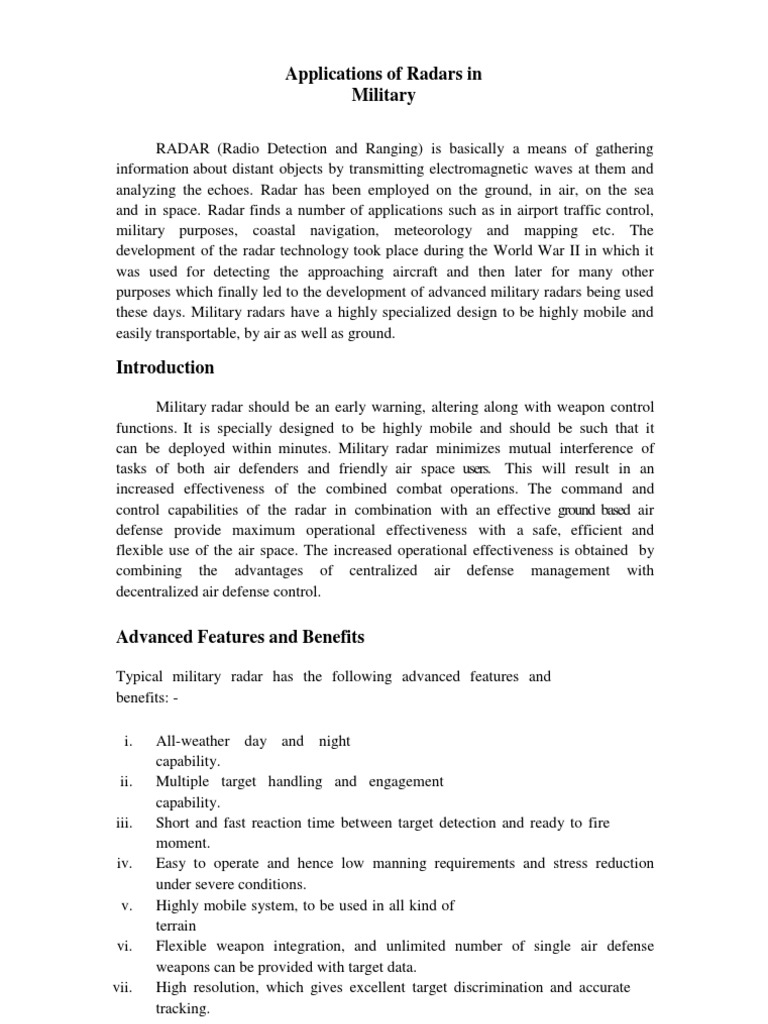 Applications of Radars in Military | PDF | Radar | Detector (Radio)