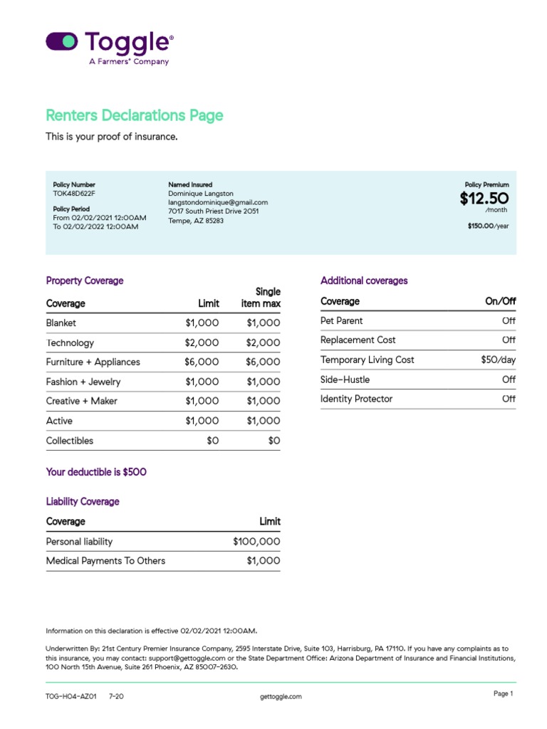 Toggle Renters Insurance Policy TOK48D622F Documents | PDF | Liability ...