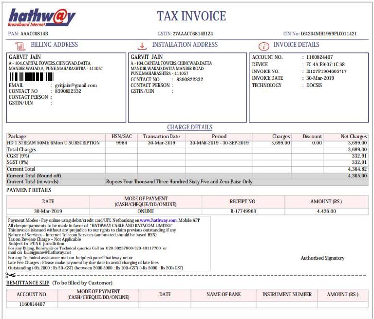 Hathway Tax Invoice - 6 Months Internet Bill Format | PDF | Business