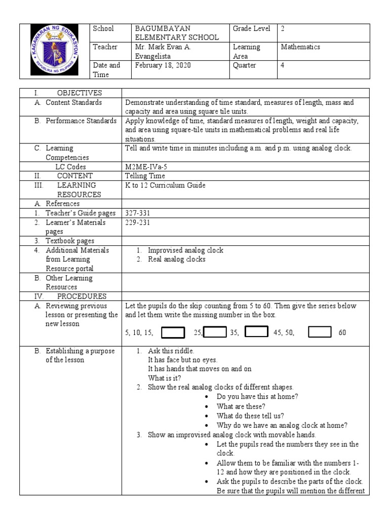 DLL Math 2 Time | PDF | Clock | Teachers