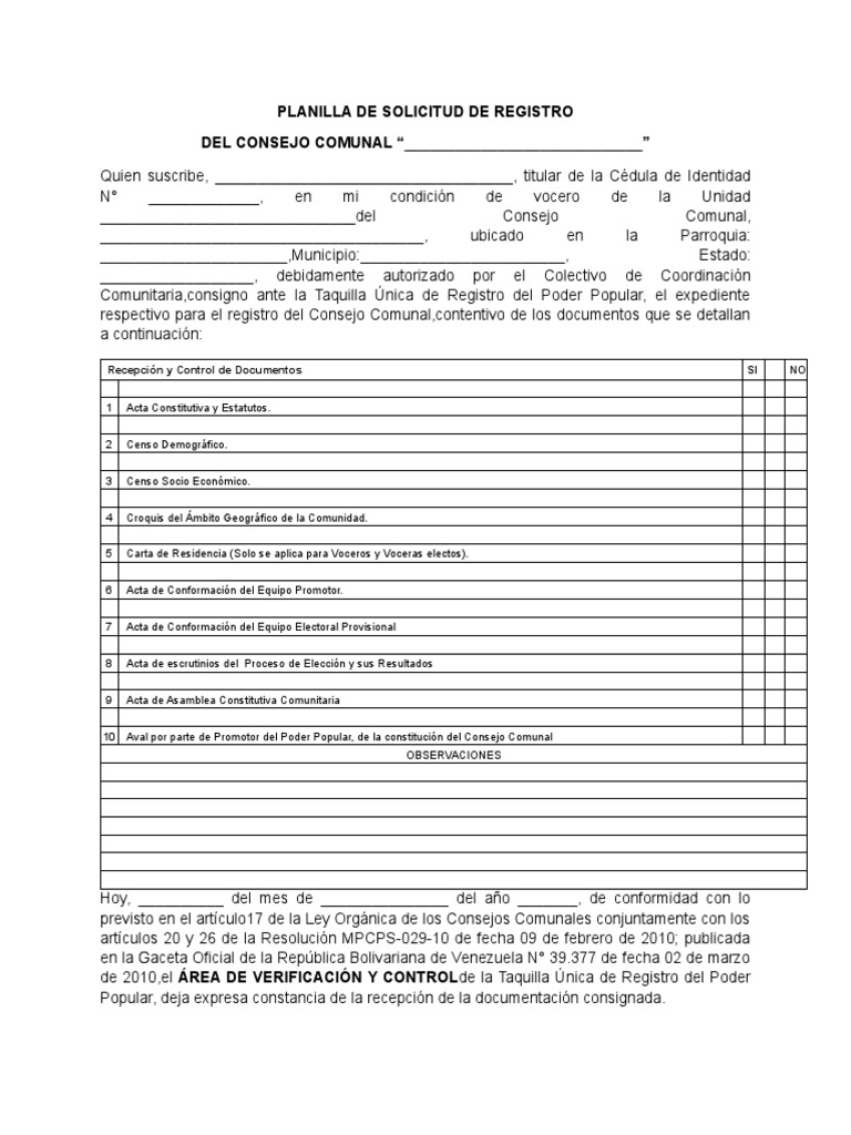 Planilla de Solicitud de Registro Del Consejo Comunal | PDF