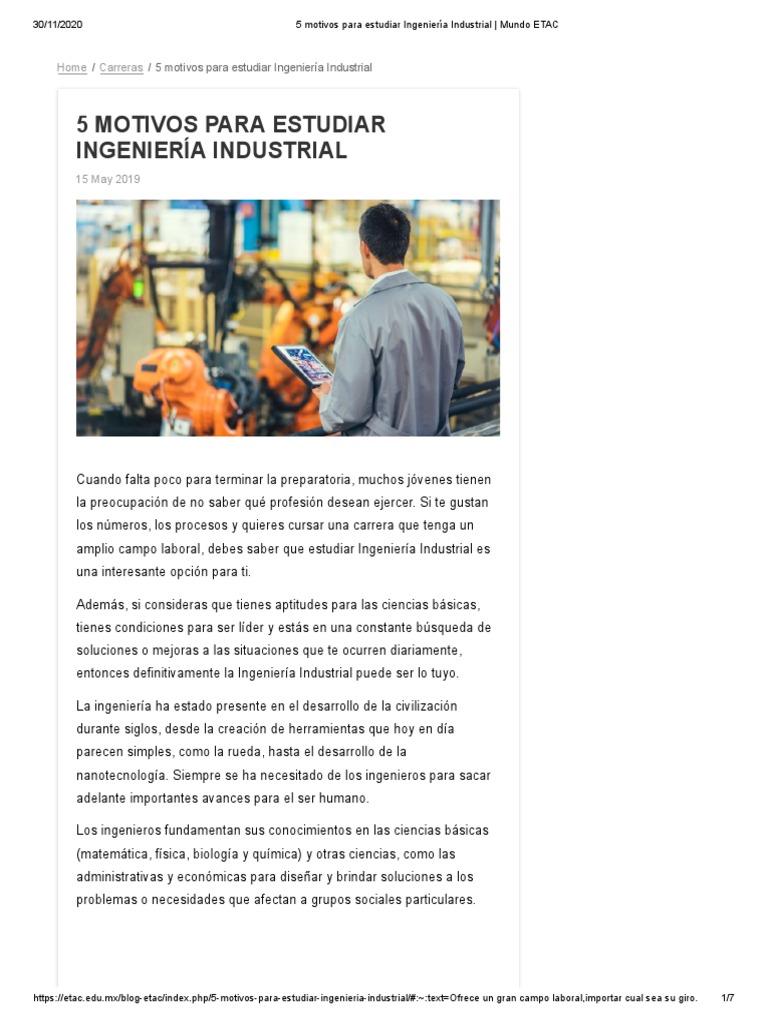 5 Motivos Para Estudiar Ingeniería Industrial Mundo Etac Pdf