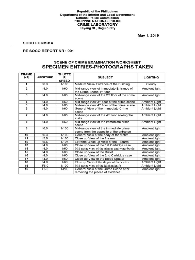 Sample Photographic Log-1 | PDF | Crime Scene | Photography Equipment