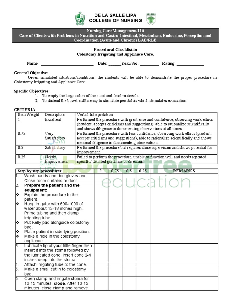 Colostomy Irrigation Procedure Checklist | PDF | Gastroenterology ...