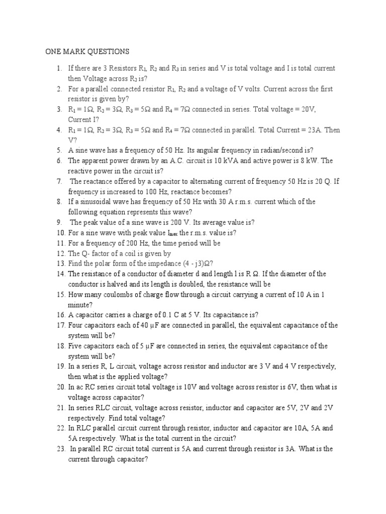 One Mark Questions | PDF | Series And Parallel Circuits | Electrical ...