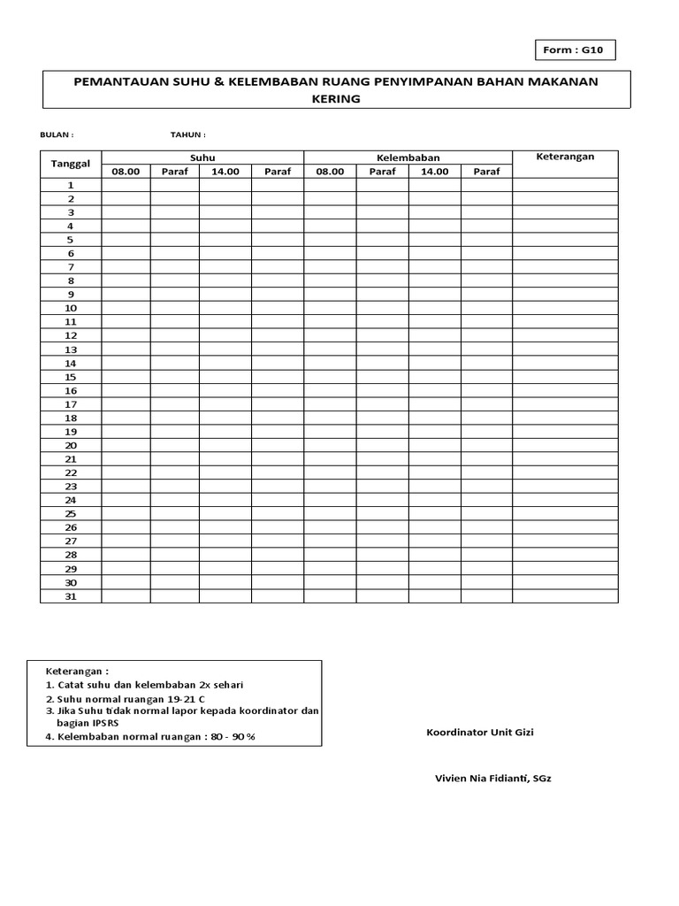 Form G10 (Pemantauan Suhu Dan Kelembaban Ruang Penyimpanan BM Kering) | PDF