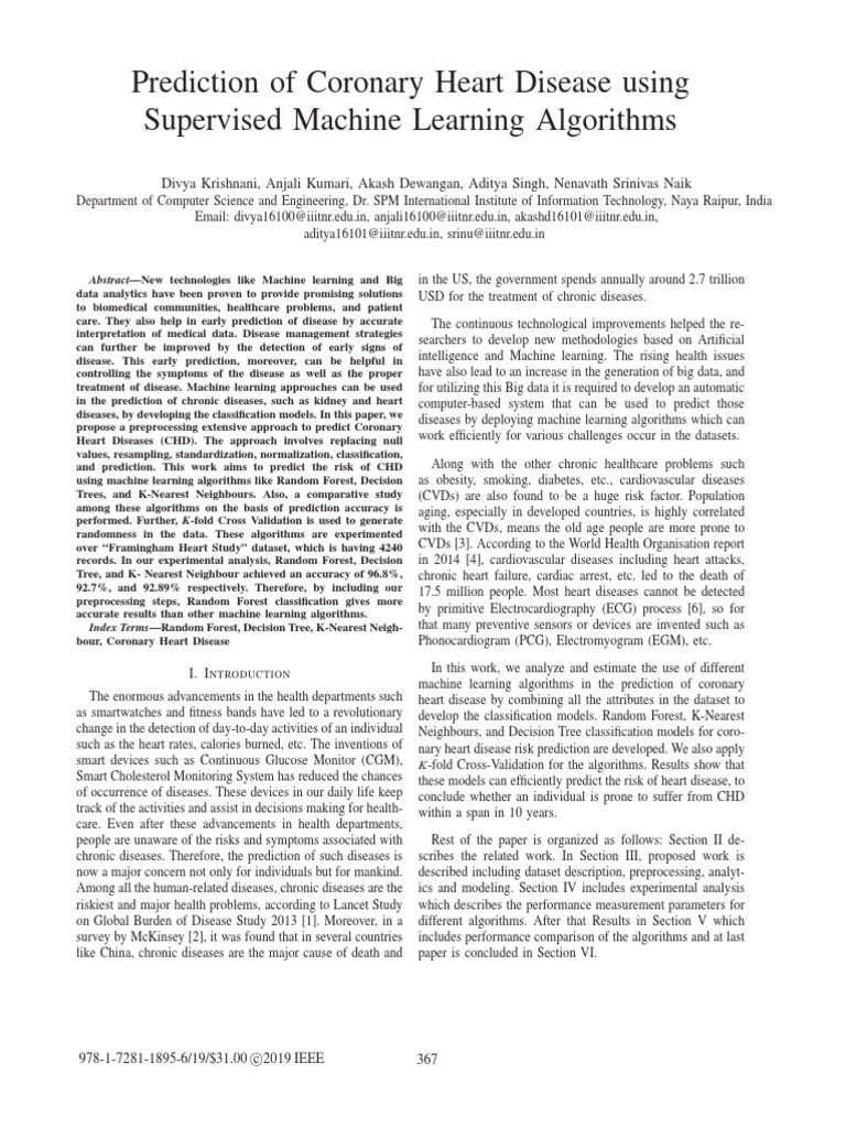 Predicting the Risk of Coronary Heart Disease Using Supervised Machine ...