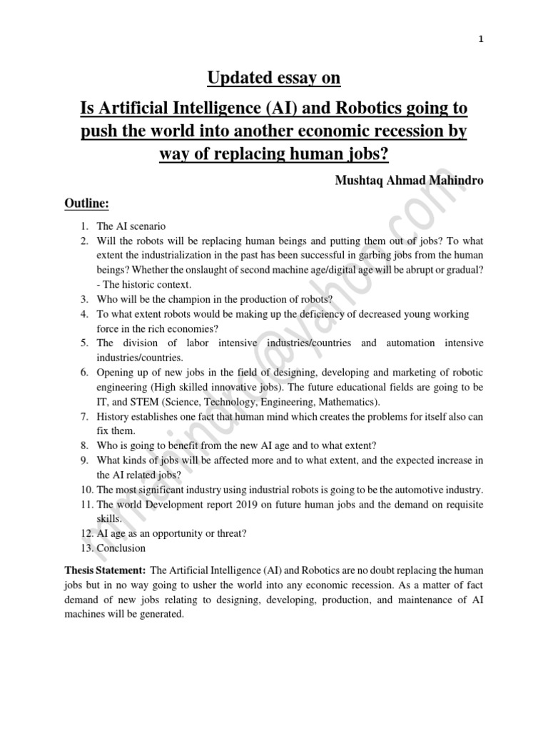 Essay On AI and Robotics As A Challenge To Human Jobs | PDF ...