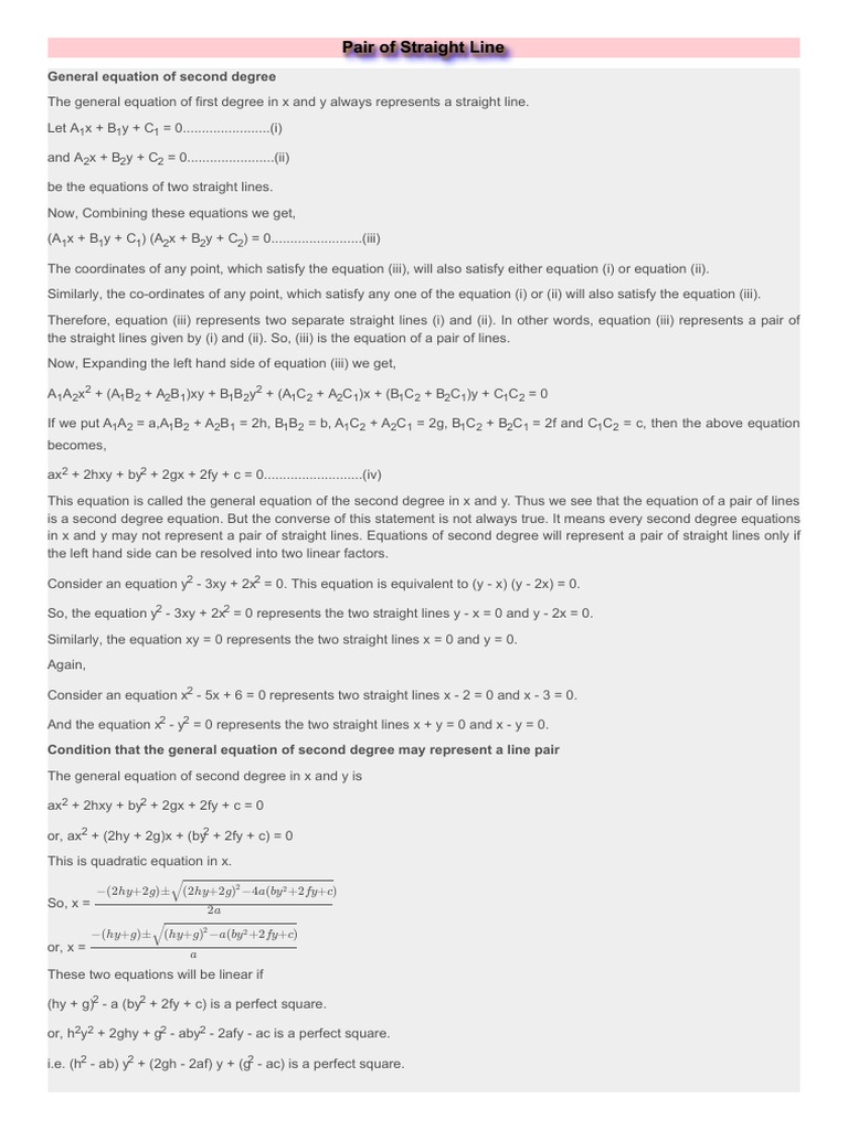 Pair of Straight Line: General Equation of Second Degree | PDF | Line ...