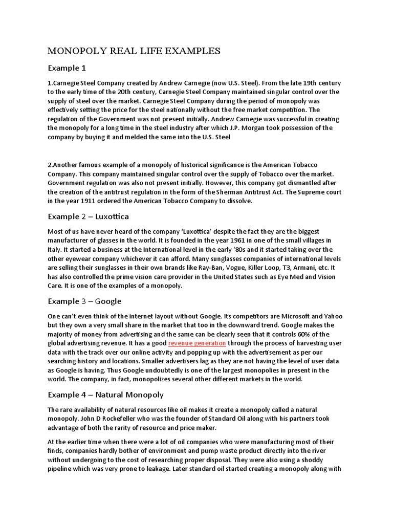 Monopoly Real Life Examples: Example 1 | PDF | Monopoly | Perfect ...