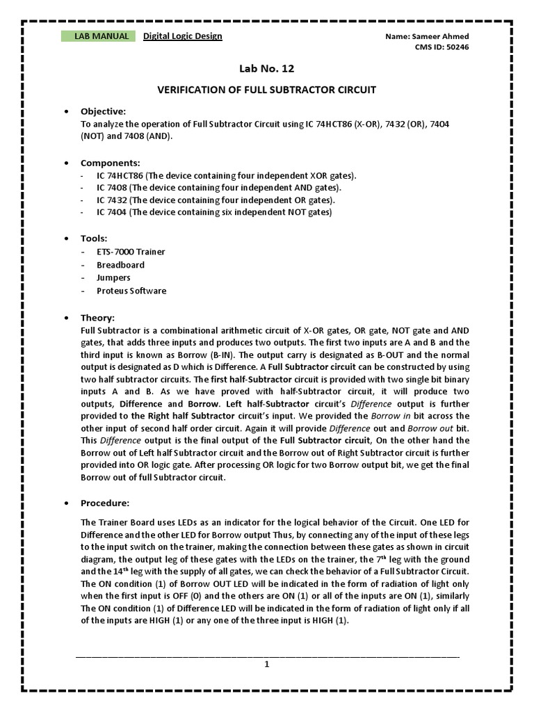 Verification of Full Subtractor Circuit | Download Free PDF ...
