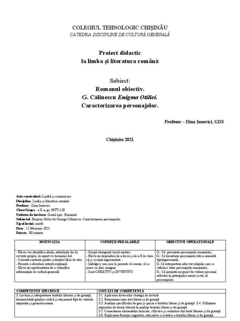 Proiect Didactifc. Llr. Enigma Otiliei de G. Calinescu. Talkshow | PDF