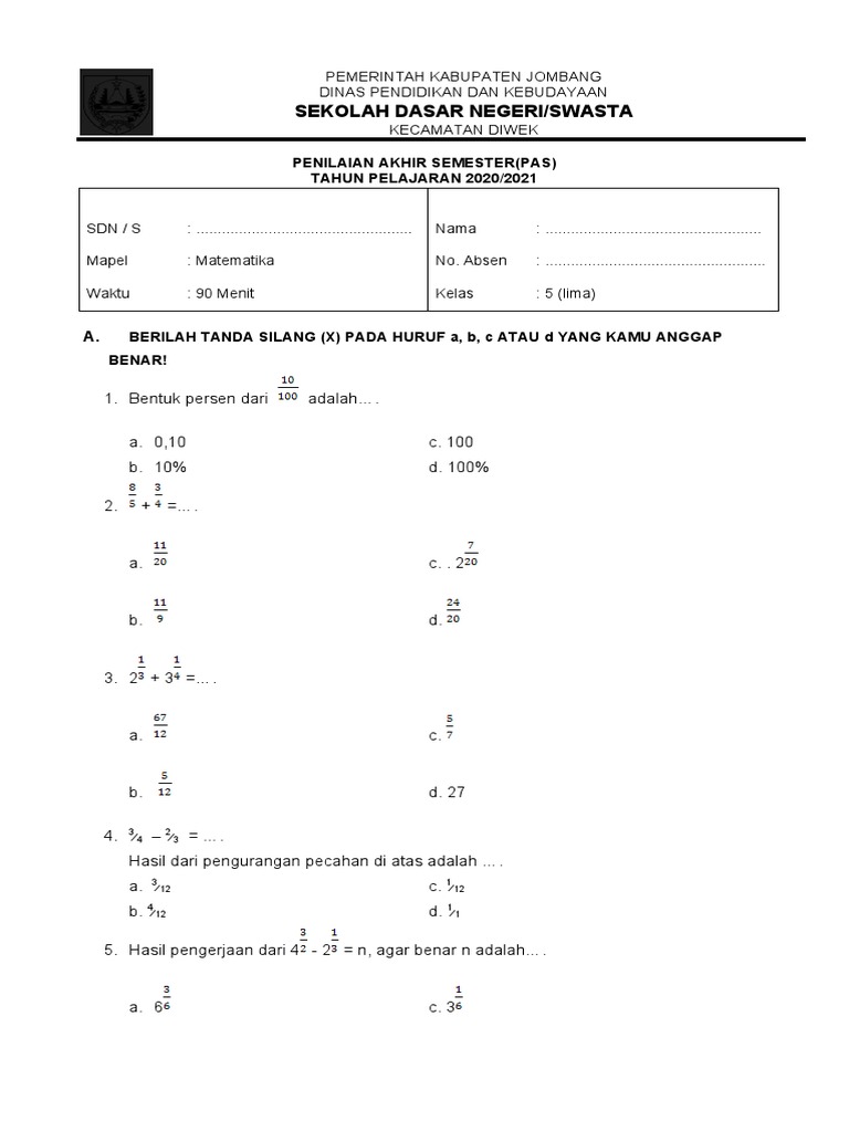 Soal Pas MTK Semester 1 Kelas 5 | PDF